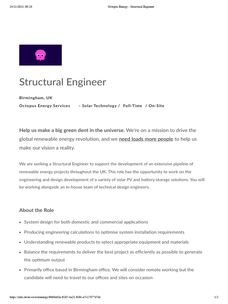 Octopus Energy - Structural Engineer | PDF | Structural Engineering | Engineer