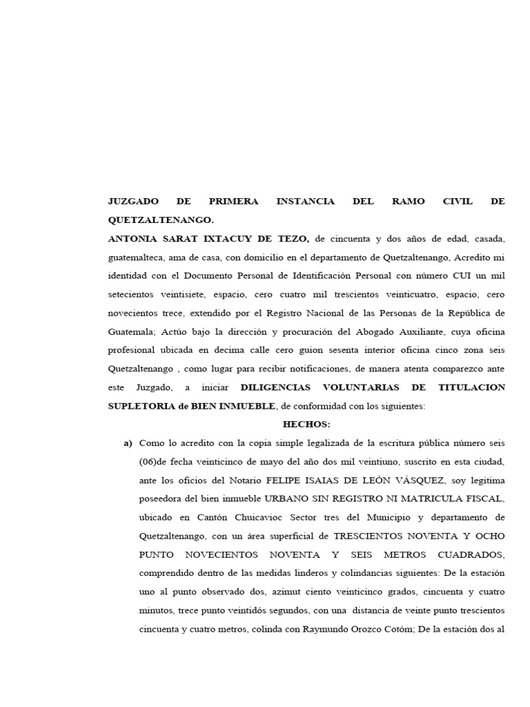 DILIGENCIAS VOLUNTARIAS DE TITULACION SUPLETORIA de BIEN INMUEBLE | PDF | Guatemala | Propiedad