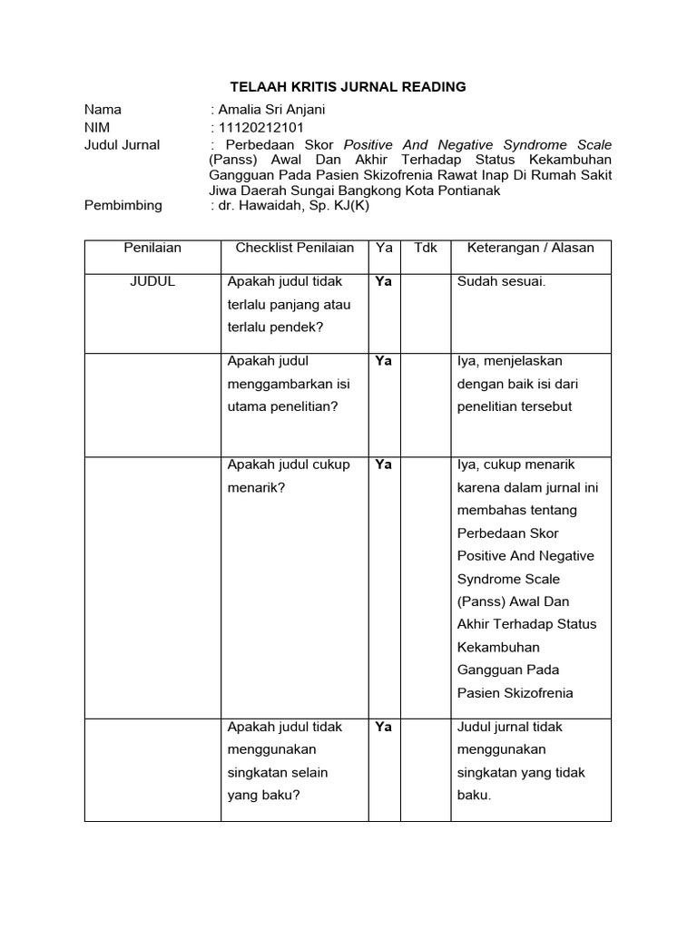 TELAAH KRITIS JURNAL JIWA (Amalia Sri Anjani 111 2021 2101) | PDF