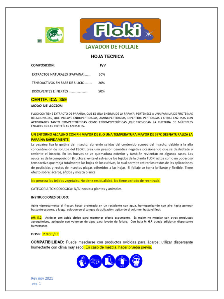 Ficha técnica de Floki y dosis recomendada | PDF | Ciencia y matemáticas