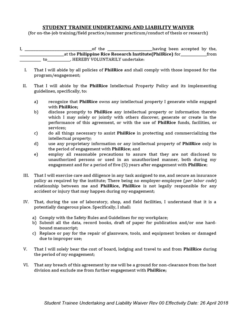 Student Trainee Liability Waiver Form | PDF | Legal Liability | Property