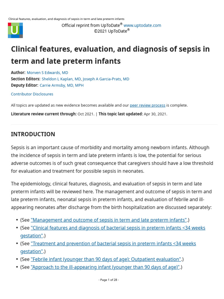 Clinical Features, Evaluation, and Diagnosis of Sepsis in Term and Late ...