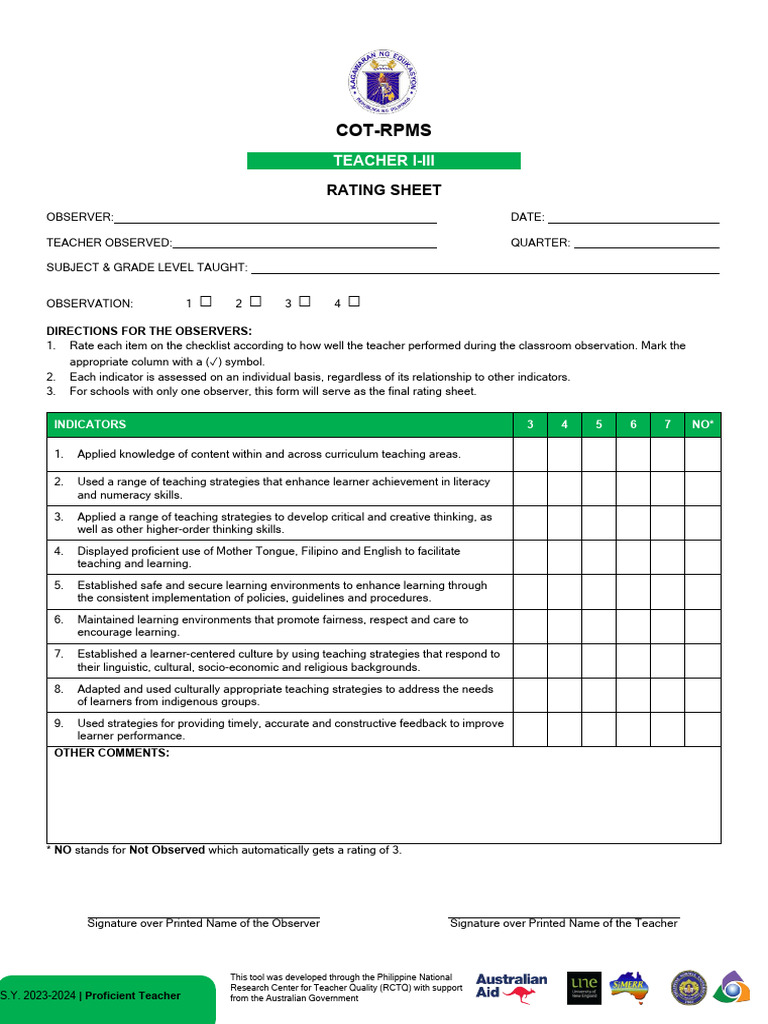 (Appendix C-03) COT-RPMS Rating Sheet For T I-III For SY 2023-2024 ...