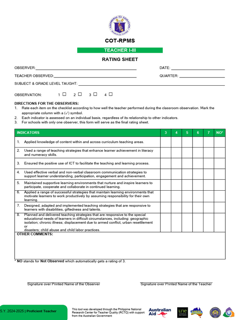 (Appendix C-04) COT-RPMS Rating Sheet For T I-III For SY 2024-2025 | Download Free PDF ...
