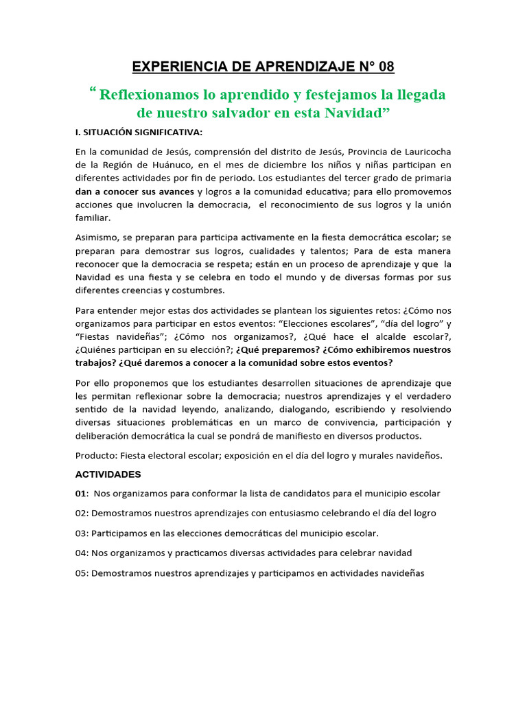 Experiencia de Aprendizaje 08 Actividades | PDF