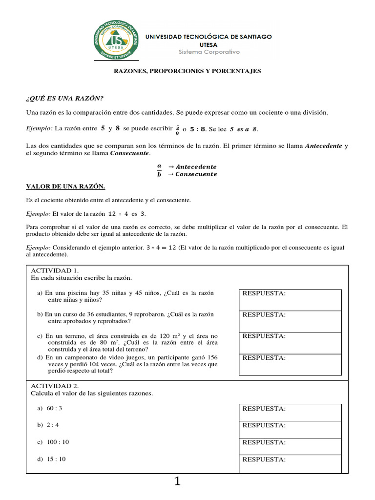 Razones, Proporciones y Porcentajes | PDF | Proporción | Porcentaje