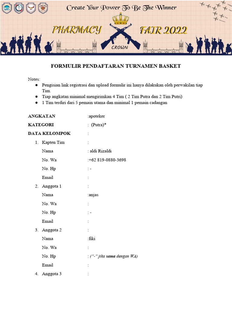 Formulir Pendaftaran Turnamen Basket | PDF