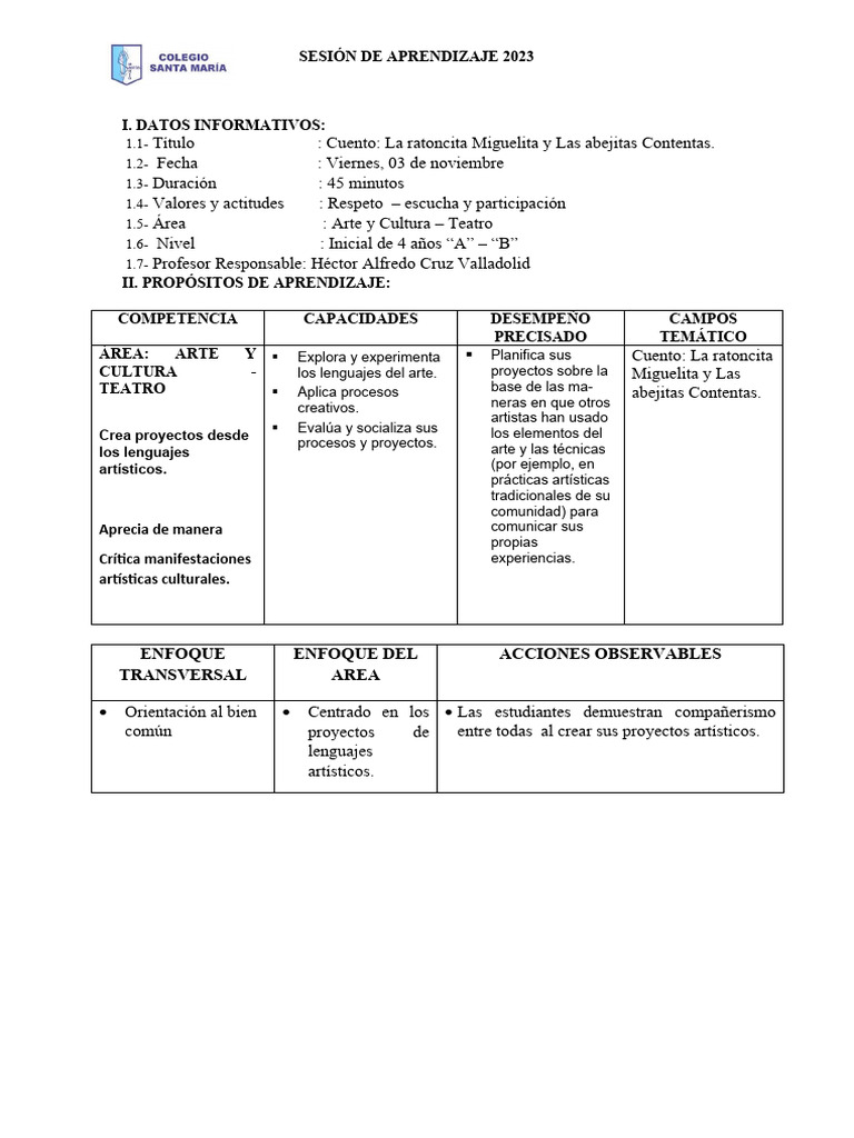 SESIÓN DE APRENDIZAJE Inicial Sta Marìa | PDF | Evaluación | Aprendizaje