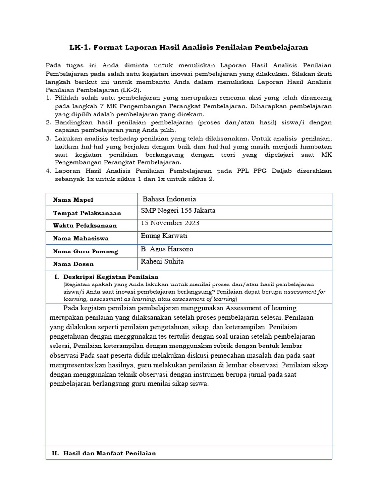 Format Hasil Asesmen Pembelajaran Enung Karwati | PDF