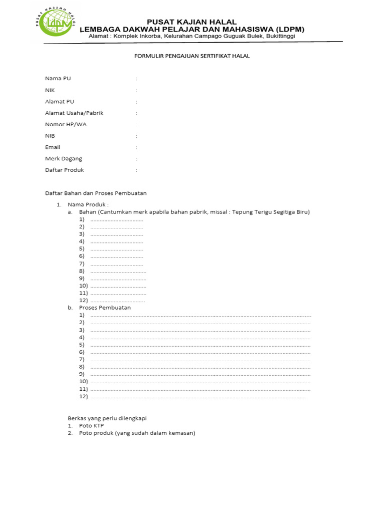 Form Pengajuan Sertifikat Halal | PDF