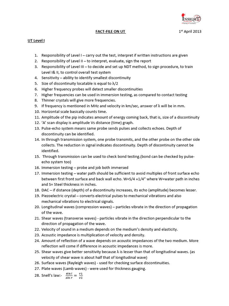 UT Level I - Standar Operating Procedure | PDF | Waves | Refraction