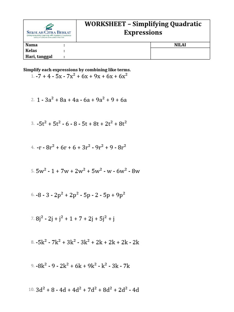 Worksheet Simplifying Quadratic Expressions | PDF