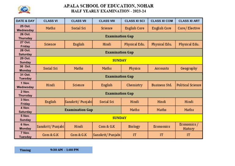 Half Yearly 2023-24 (6th To 11th) | PDF