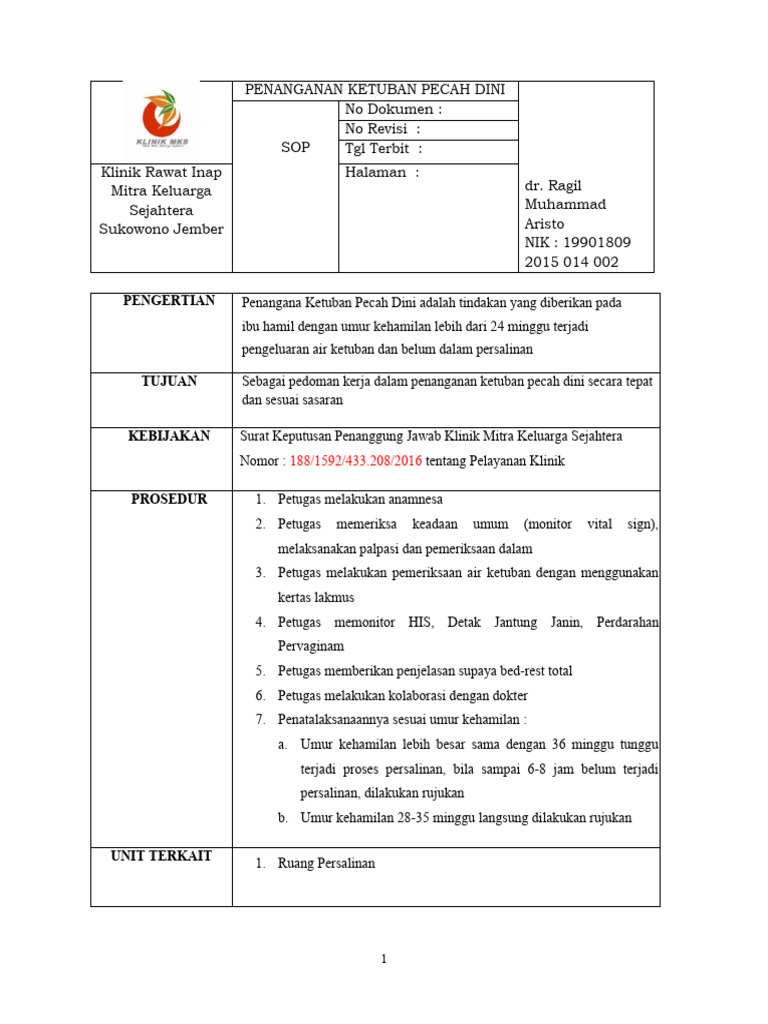 SOP Penanganan Ketuban Pecah Dini | PDF