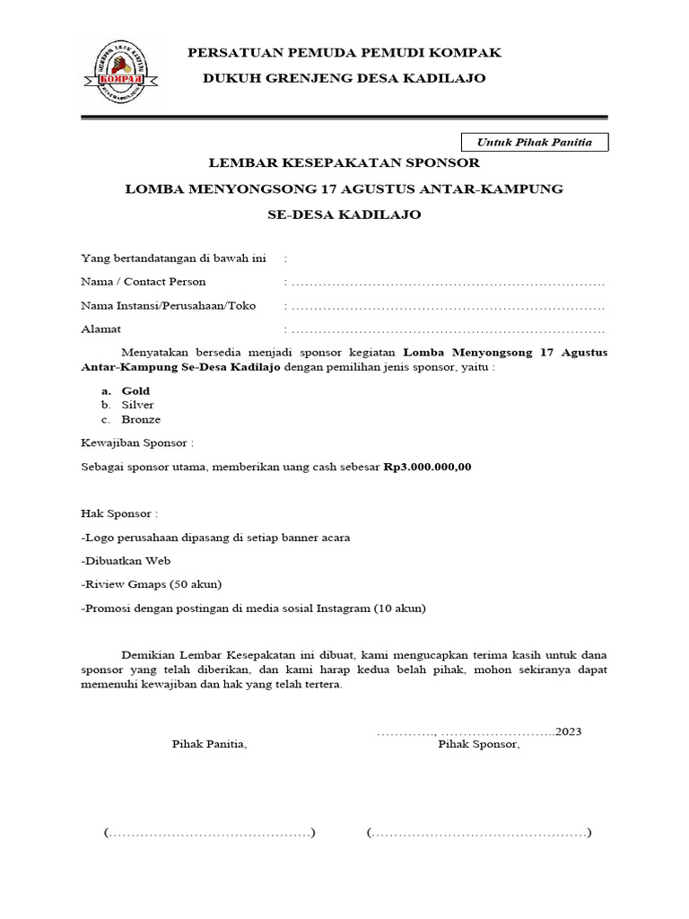 MOU - Lembar Kesepakatan Sponsor | PDF