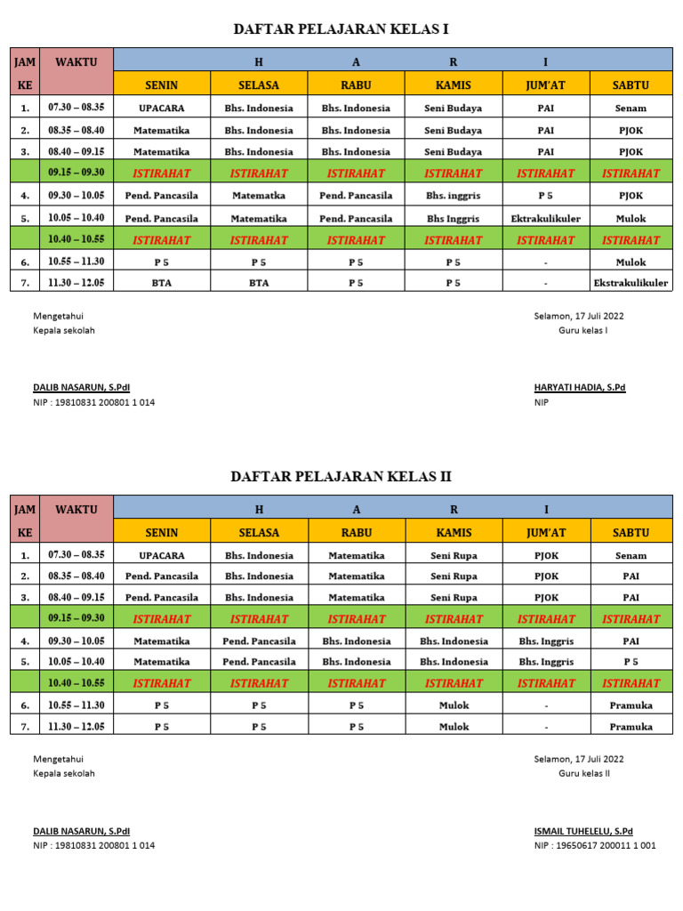 Jadwal Pelajaran Kurikulum Merdeka Kelas 1 2 3 4 5 6 Pdf