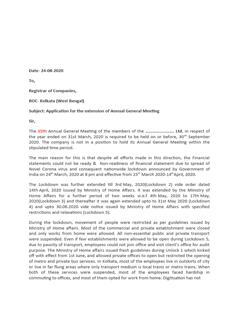 Letter For Extention of AGM | PDF | Emergency Management | Pandemic
