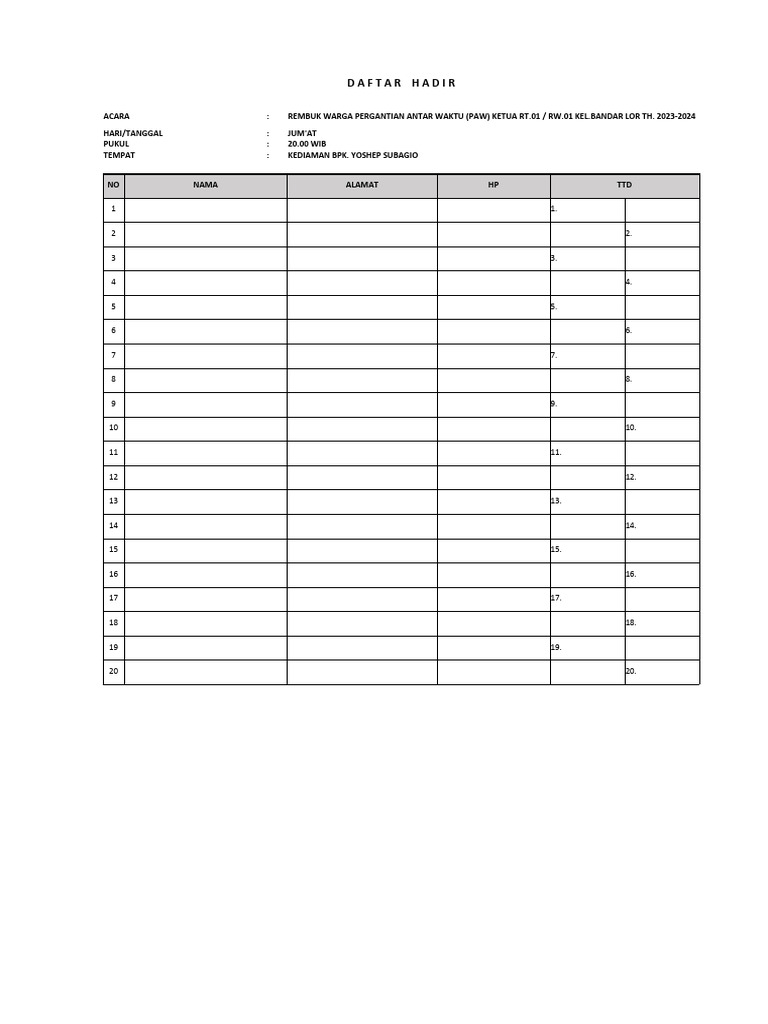 Daftar Hadir Rembuk Warga Rt.01 | PDF