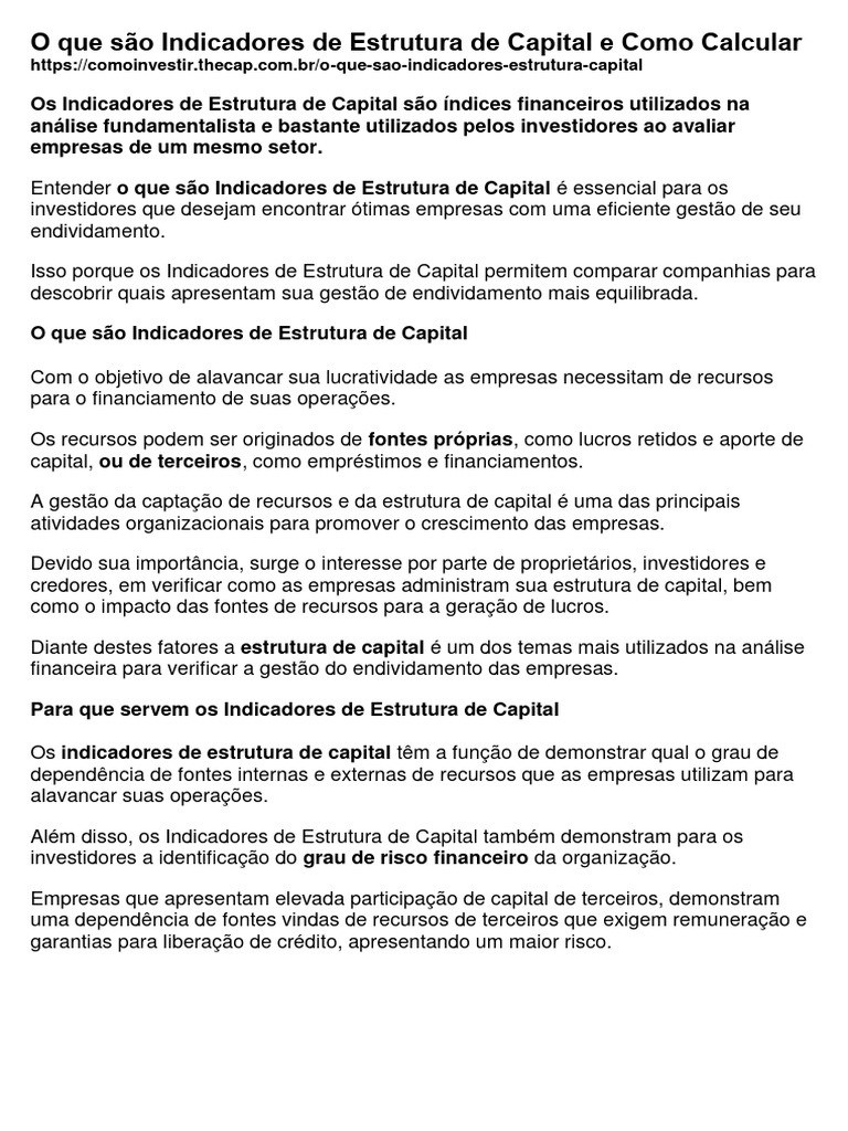 O Que São Indicadores de Estrutura de Capital e Como Calcular | PDF ...