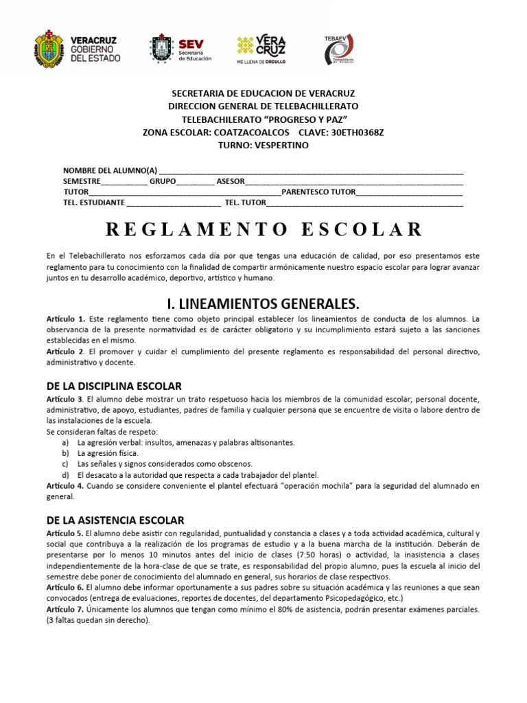 Ejemplo de Reglamento Escolar 2023 | PDF | Disciplinas | Maestros