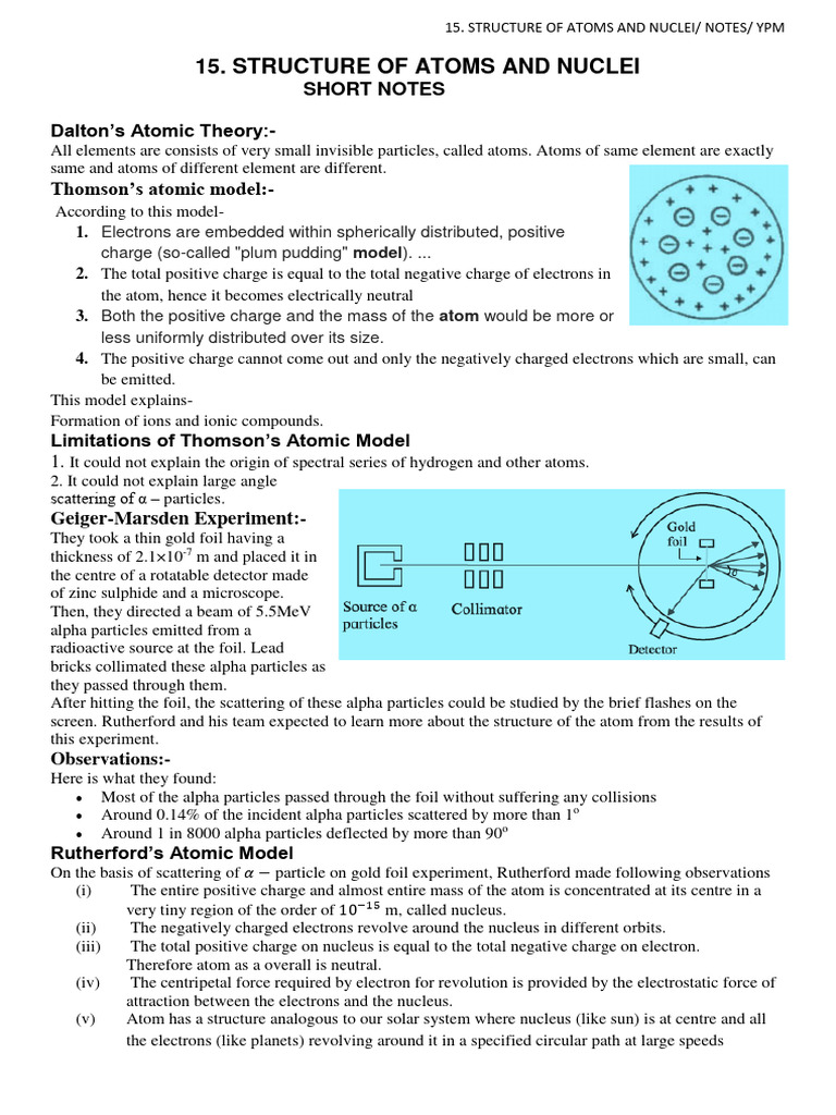 15 STRUCTURE OF ATOM AND NUCLEI Short Notes | PDF | Atomic Nucleus | Atoms