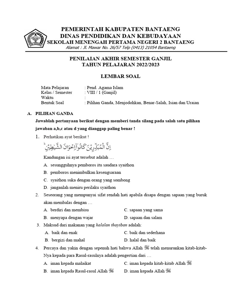 Soal PAS Pendais Kls VIII Ganjil 2022-2023 | PDF