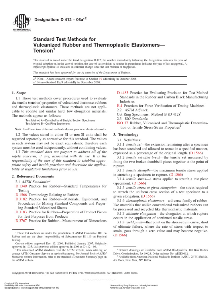 Astm D412 - 06 | PDF | Ultimate Tensile Strength | Strength Of Materials
