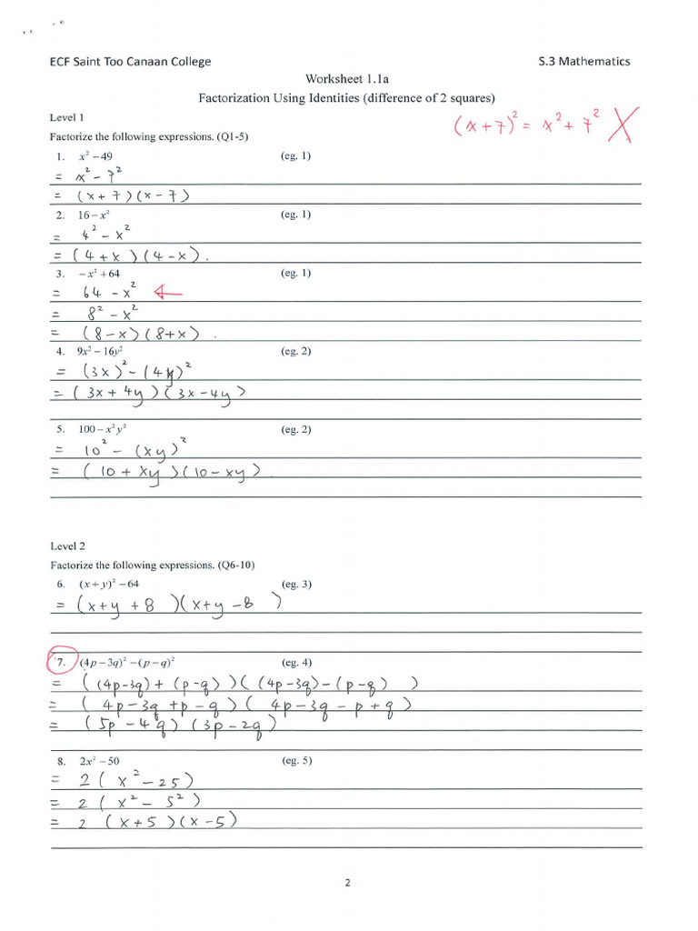 Factorization Using Identities - Worksheet - Solution | PDF