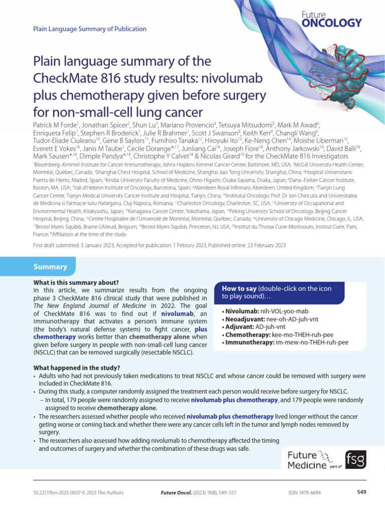 Forde Et Al 2023 Plain Language Summary of The Checkmate 816 Study ...