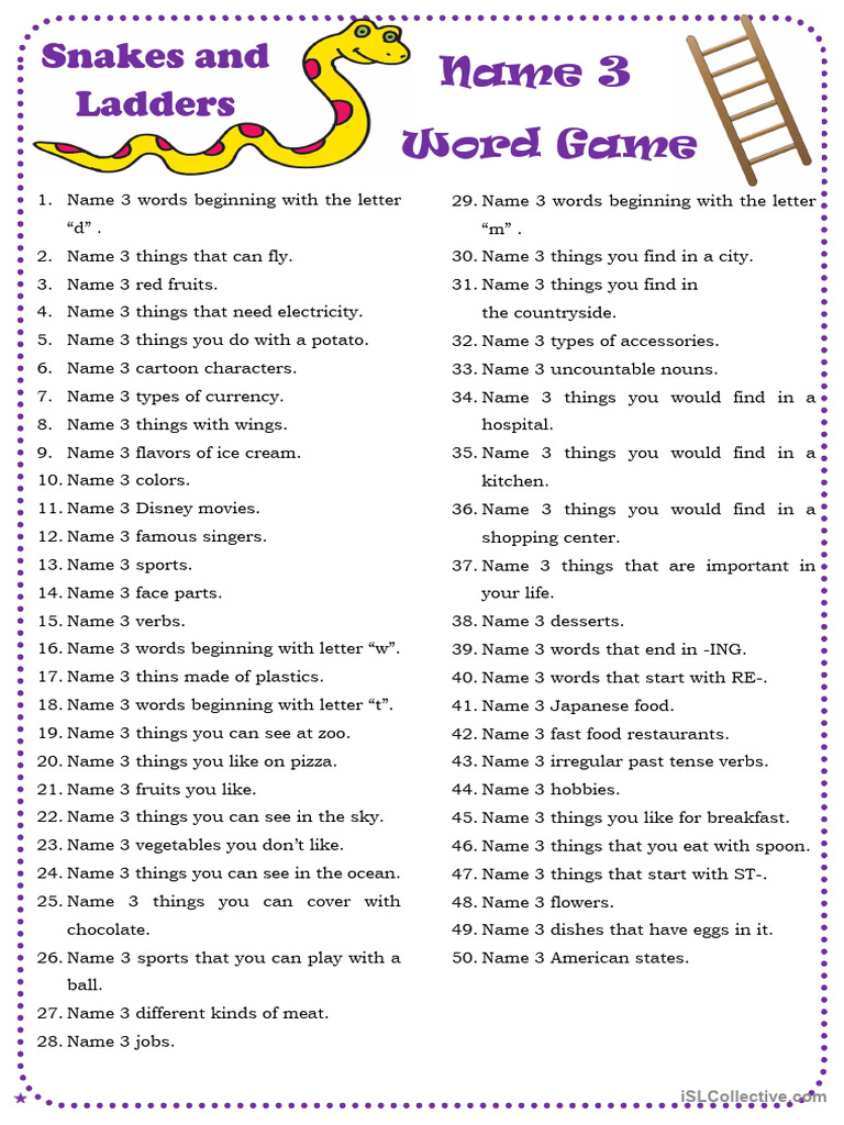 Snakes and Ladders 50 Questions - Name 3 Word Game | PDF