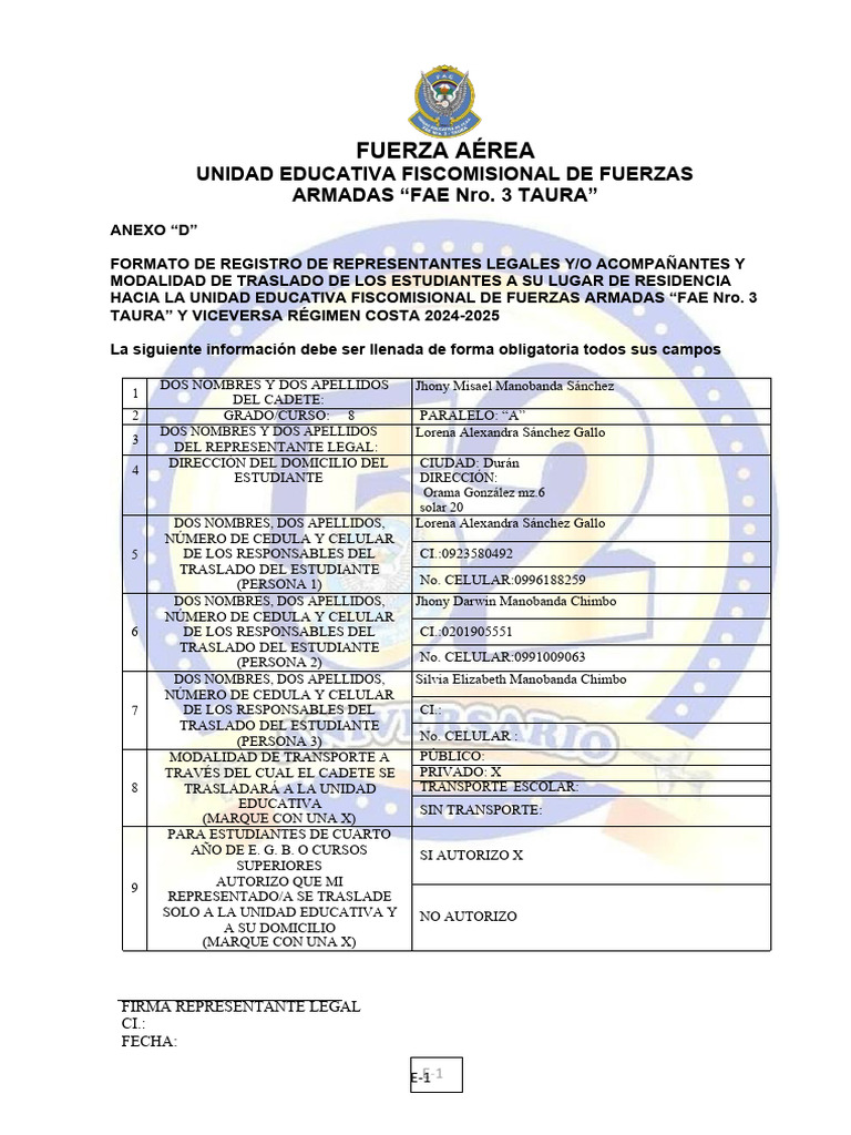 Anexo D Modalidad de Traslado de Los Estudiantes Ueffaa Fae Nro 3 Taura ...