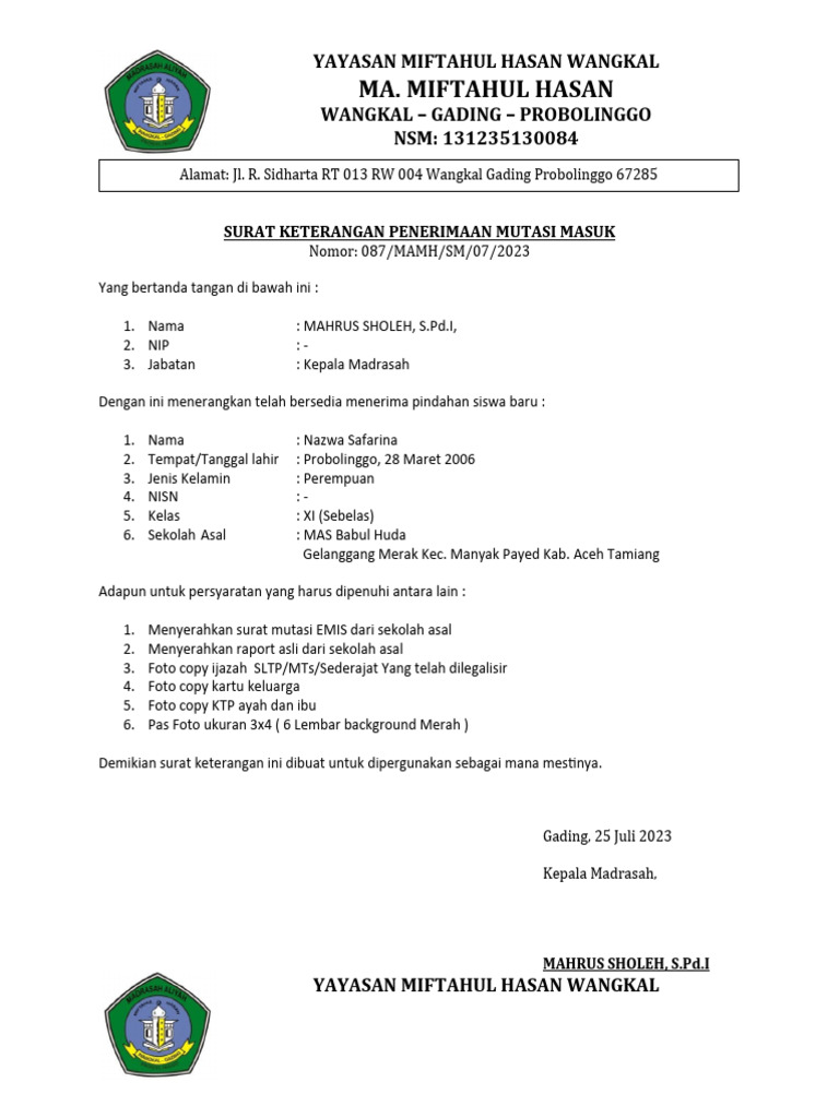 Surat Penerimaan Mutasi Masuk | PDF