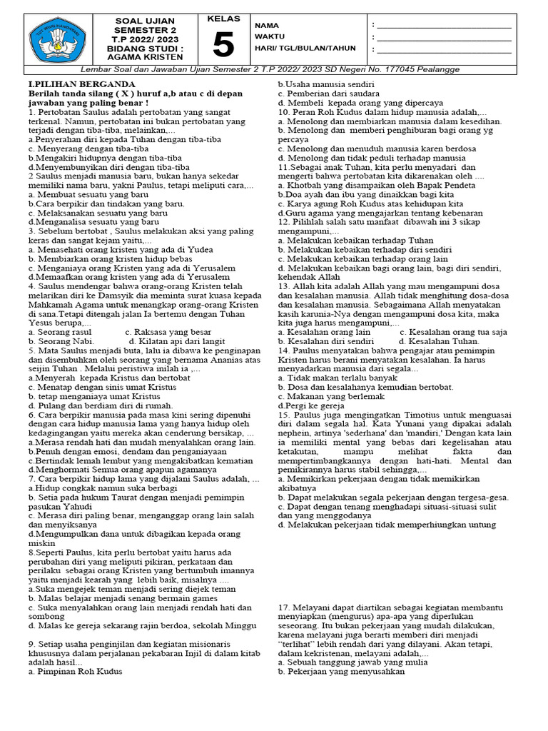Agama Kristen Soal Ujian Kelas 5 Semester 2 TP 2022 - 2023 | PDF