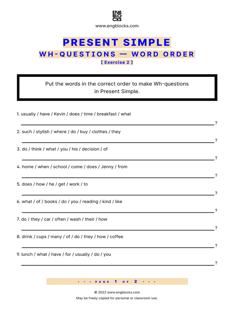 WH Questions in Present Simple Exercises | PDF | Linguistics | Food And ...