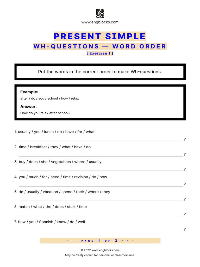 WH Questions in Present Simple Exercises | PDF | Language Mechanics | Meal