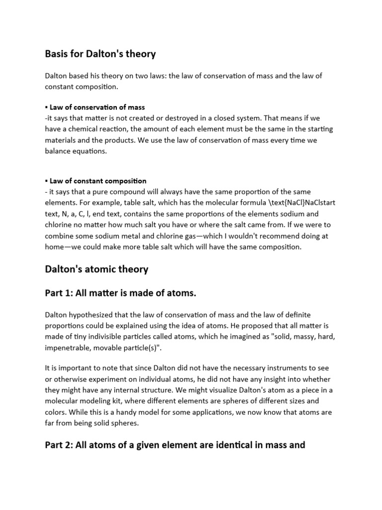 Daltons Theory | PDF | Atoms | Chemical Elements