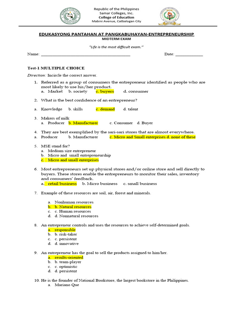Midterm EXAM TEST | PDF | Entrepreneurship | Sales