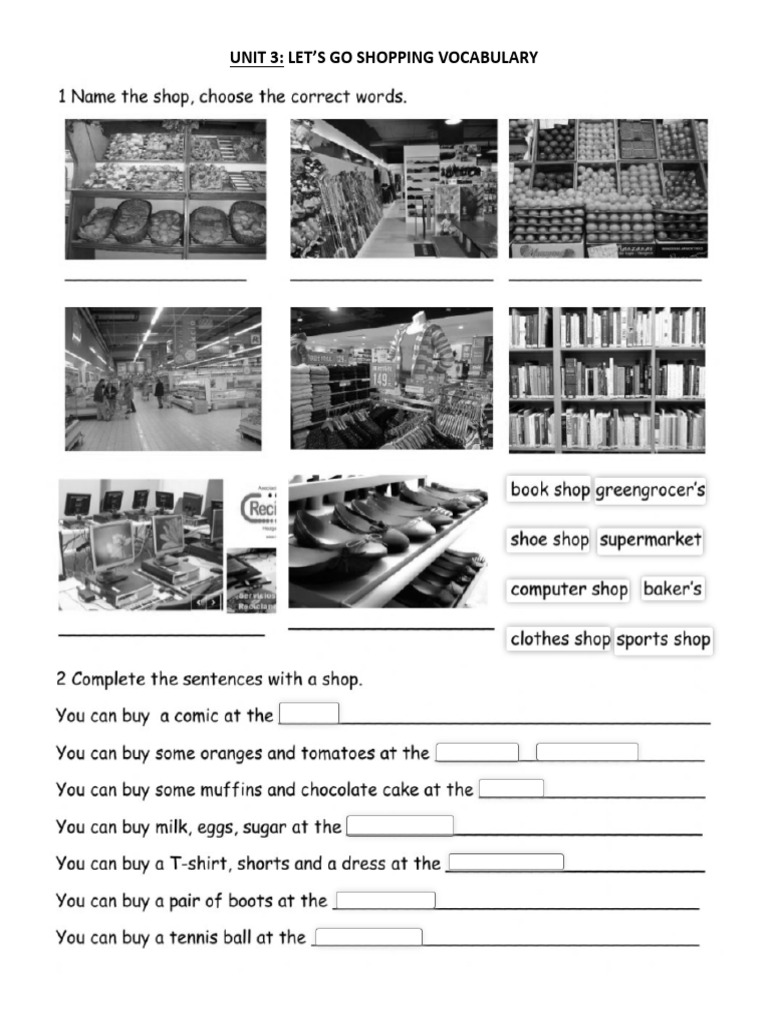 5º; UNIT 3 - LET'S GO SHOPPING WORKSHEET 1 | PDF