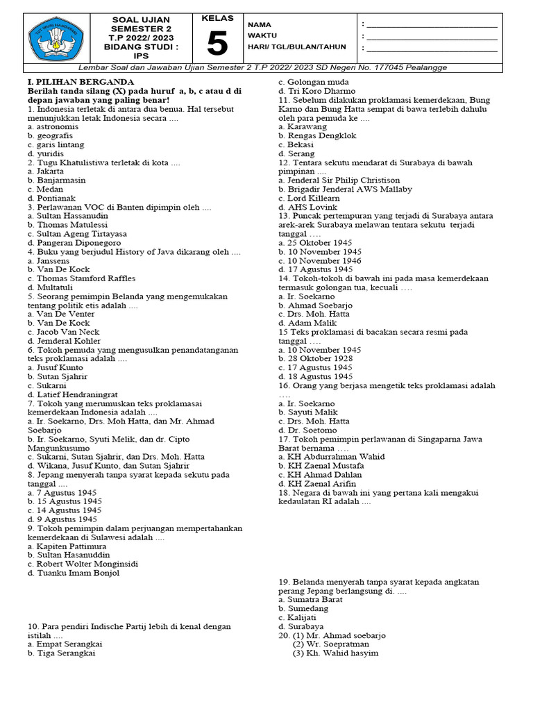 Ips Soal Ujian Kelas 5 Semester 2 TP 2022 - 2023 | PDF