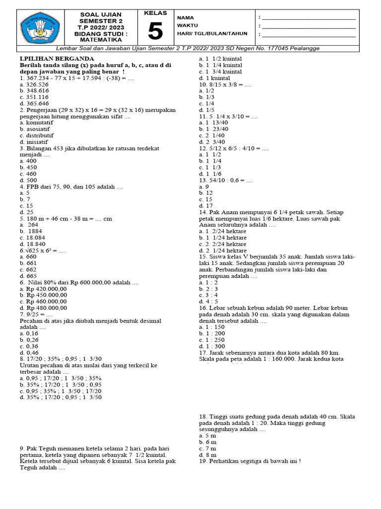 Matematika Soal Ujian Kelas 5 Semester 2 TP 2022 - 2023 | PDF Matematika Soal Ujian Kelas 5 Semester 2 TP 2022 - 2023 | PDF