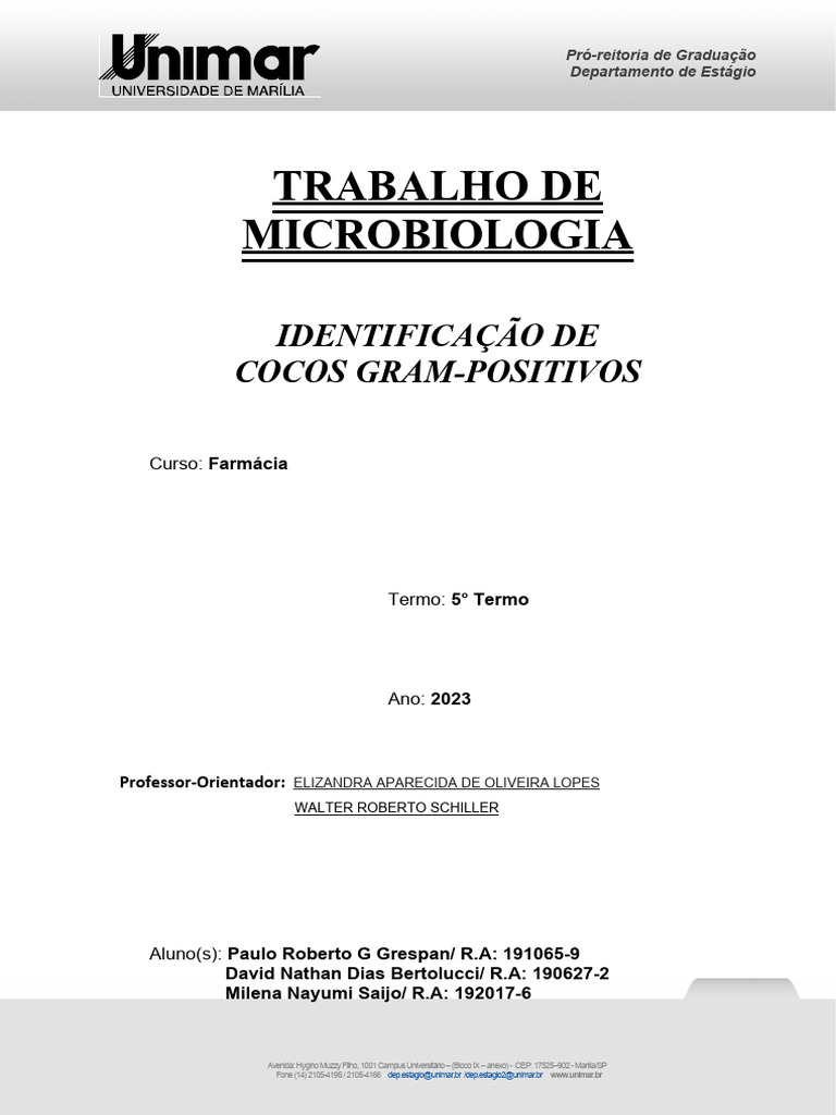Trabalho de Micro Cocos Gram+ | PDF | Estreptococos | Estafilococo