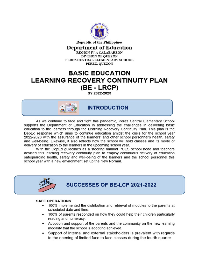 Be LRCP 2022 2023 Perez Central Es | PDF | Learning | Schools