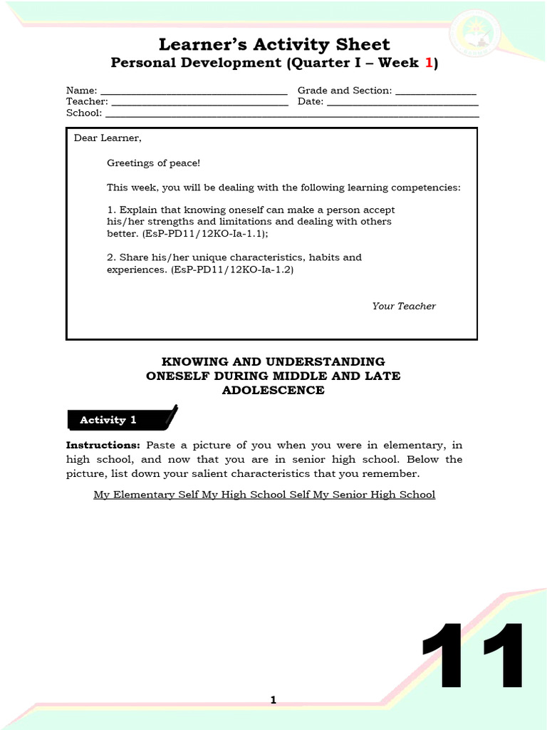 Week 1. Personal Development | PDF | Self Concept | Self