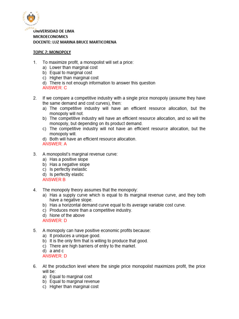 Extra GUIDE Monopoly With Answers | PDF | Monopoly | Profit (Economics)