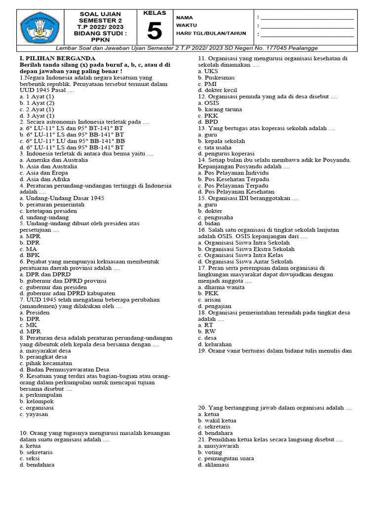 PPKN Soal Ujian Kelas 5 Semester 2 TP 2022 - 2023 | PDF
