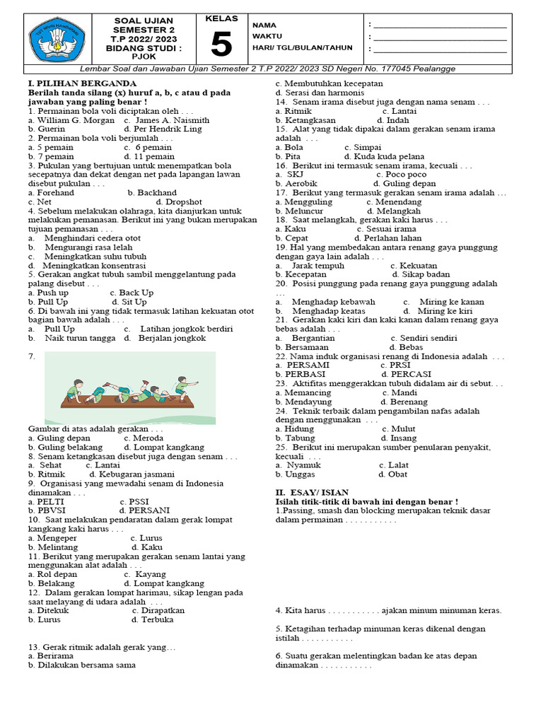Pjok Soal Ujian Kelas 5 Semester 2 TP 2022 - 2023 | PDF