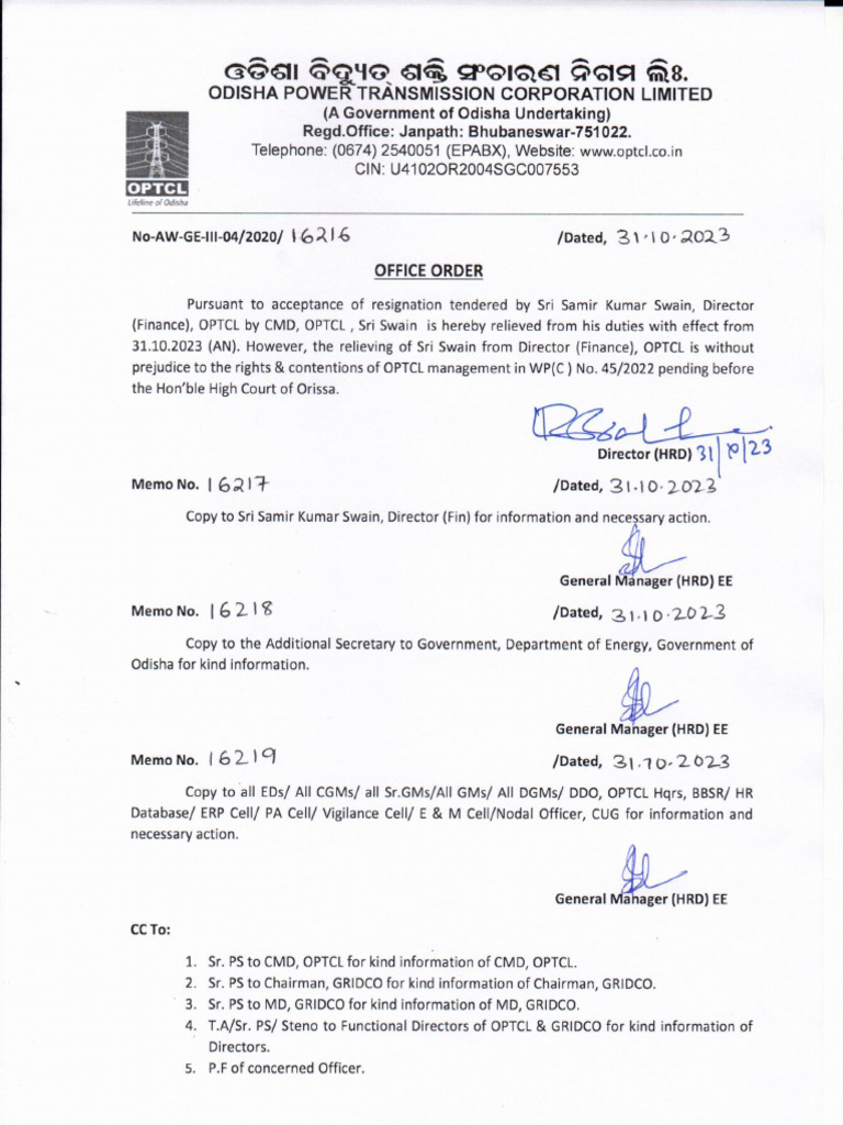 Relieve Order of Sri Samir Kumar Swain | PDF