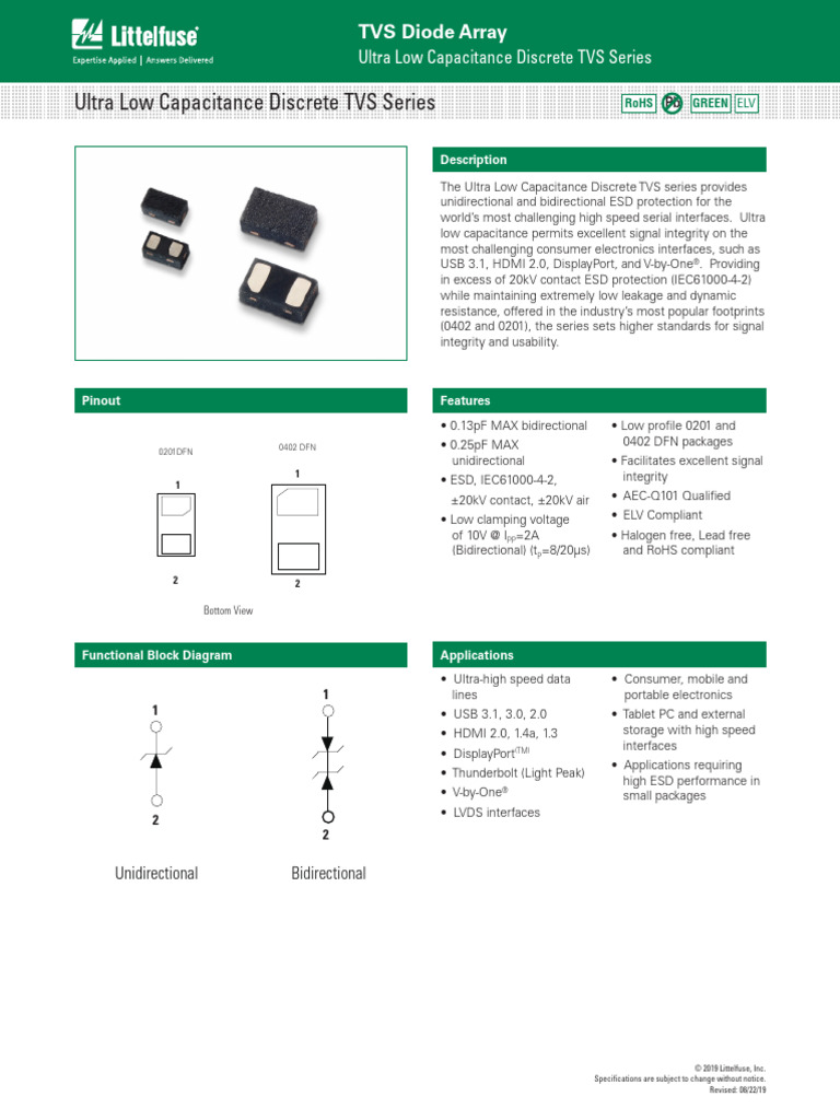 Littelfuse TVS Diode Array Ultra Low Capacitance D-1021420 | PDF | Capacitor | Hdmi