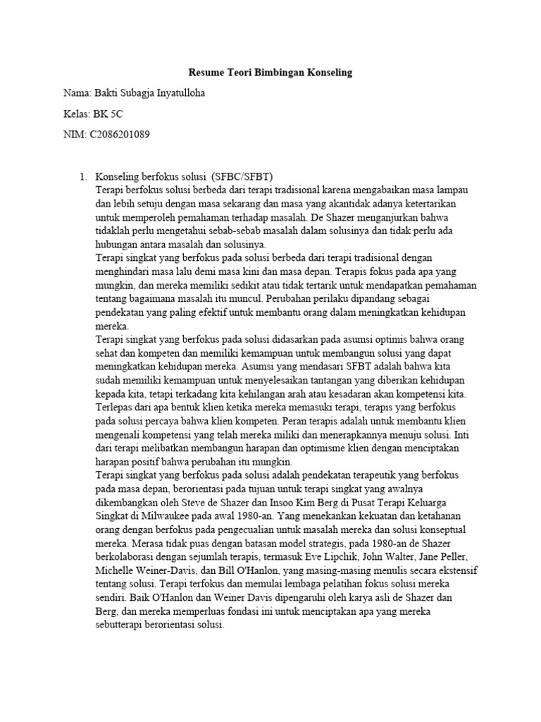 Baktis - Resume Teori Bimbingan Konseling SFBT | PDF | Pengembangan Diri