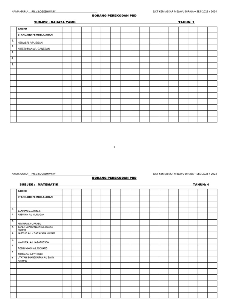 Borang Perekodan Semua Subjek 2023 | PDF